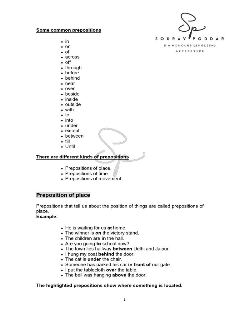 Some Common Prepositions | PDF