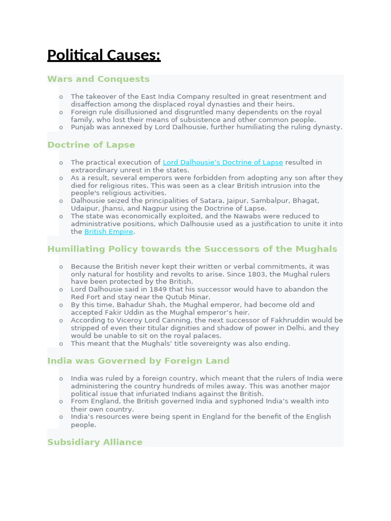 Political Causes | PDF | Indian Rebellion Of 1857 | British Empire