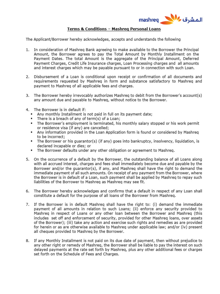 Mashreq Personal Loan TNC | PDF | Loans | Payments