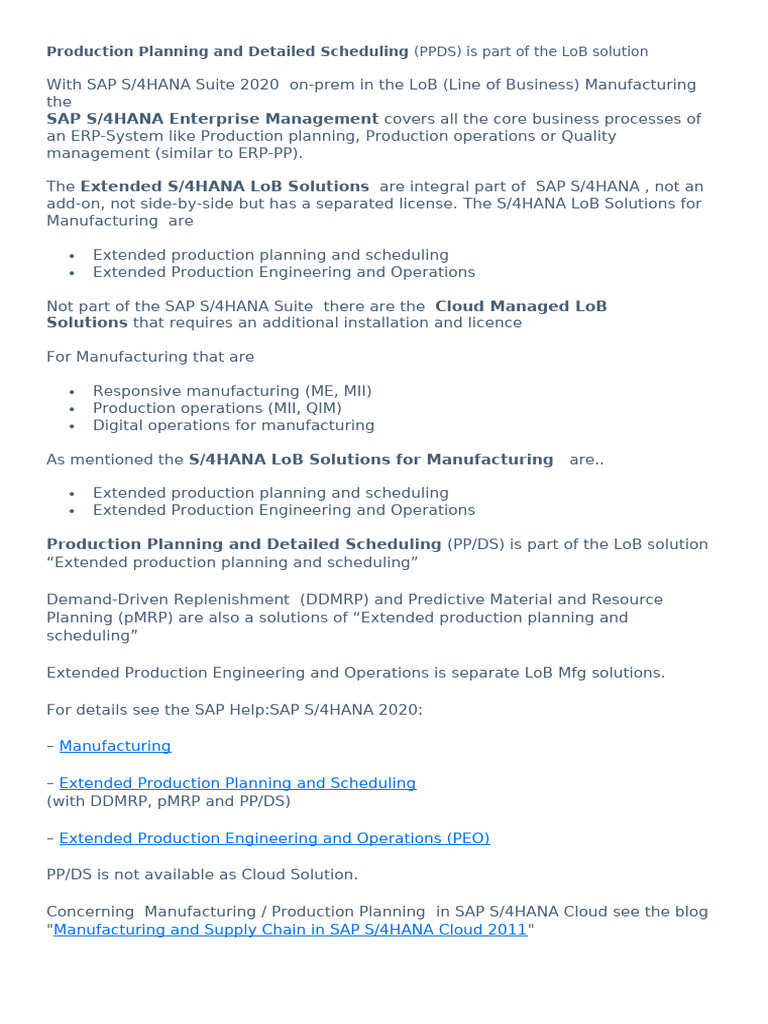 Production Planning and Detailed Scheduling (PPDS) Is Part of The LoB ...