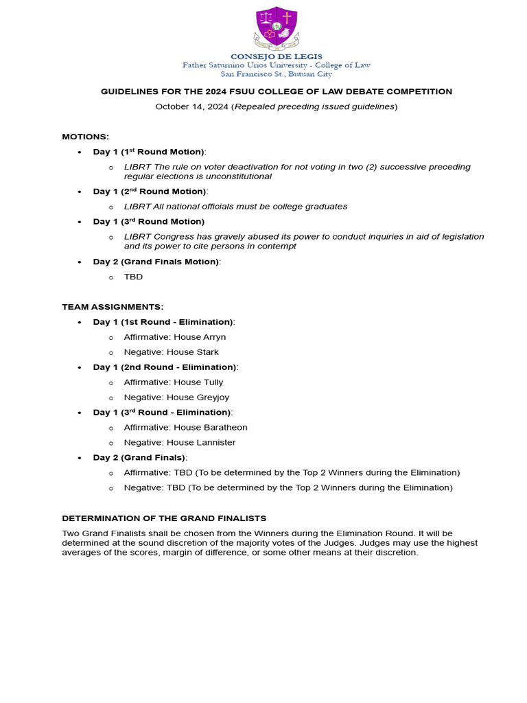 FSUU Law Debate Competition 2024 Guidelines | PDF | Politics | Social ...