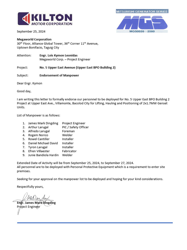 Endorsement Letter For Manpower (Hauling Team) | PDF
