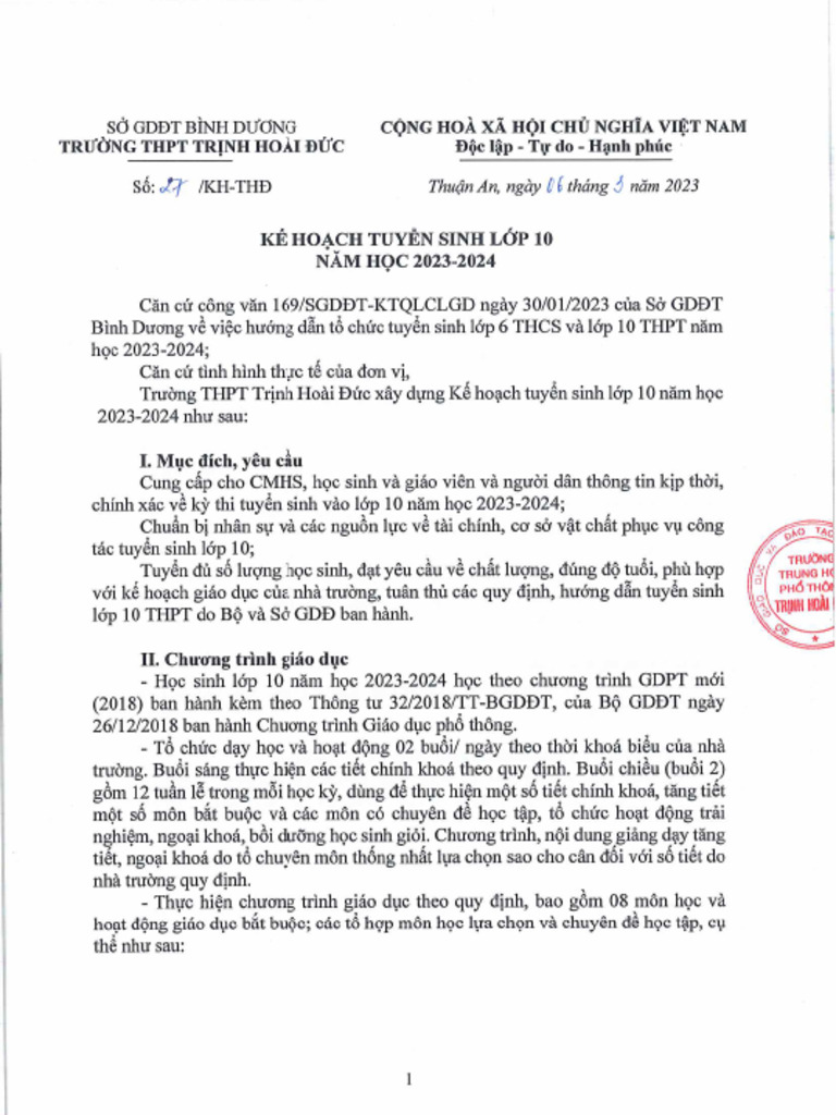Trinh Hoai Duc Ke Hoach Tuyen Sinh 10 NH 2023 2024 | PDF