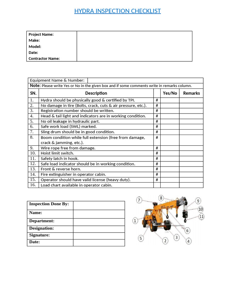 Hydra Inspection Checklist | PDF | Technology & Engineering