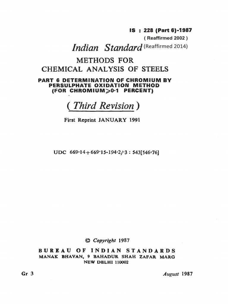 Indian Standard: Methods For Chemical Analysis of Steels | PDF | Nitric ...