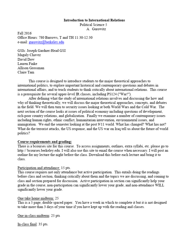 Syllabus Poli Sci5 Fa2016 Gurowitz | PDF | Plagiarism | International Relations