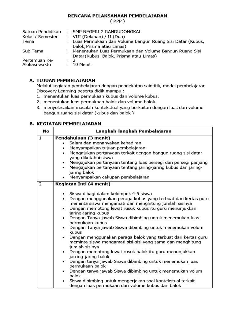RPP Matematika Luas Permukaan Dan Volume Bangun Ruang Sisi Datar Kelas VIII | PDF