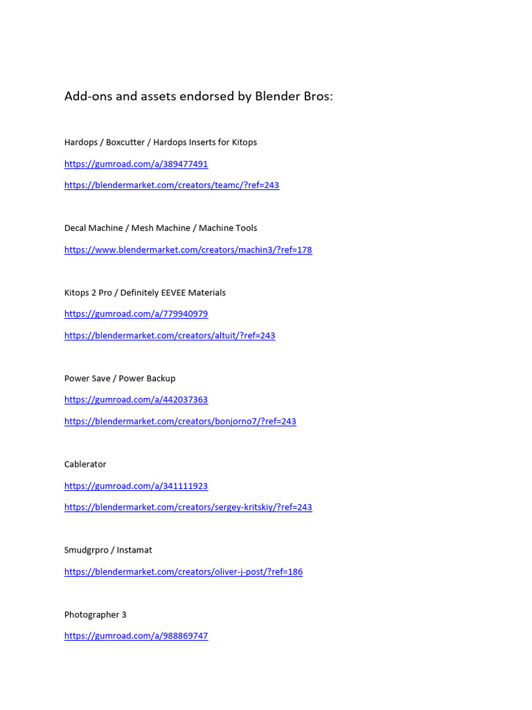 Add-Ons and Assets Endorsed by Blender Bros | PDF
