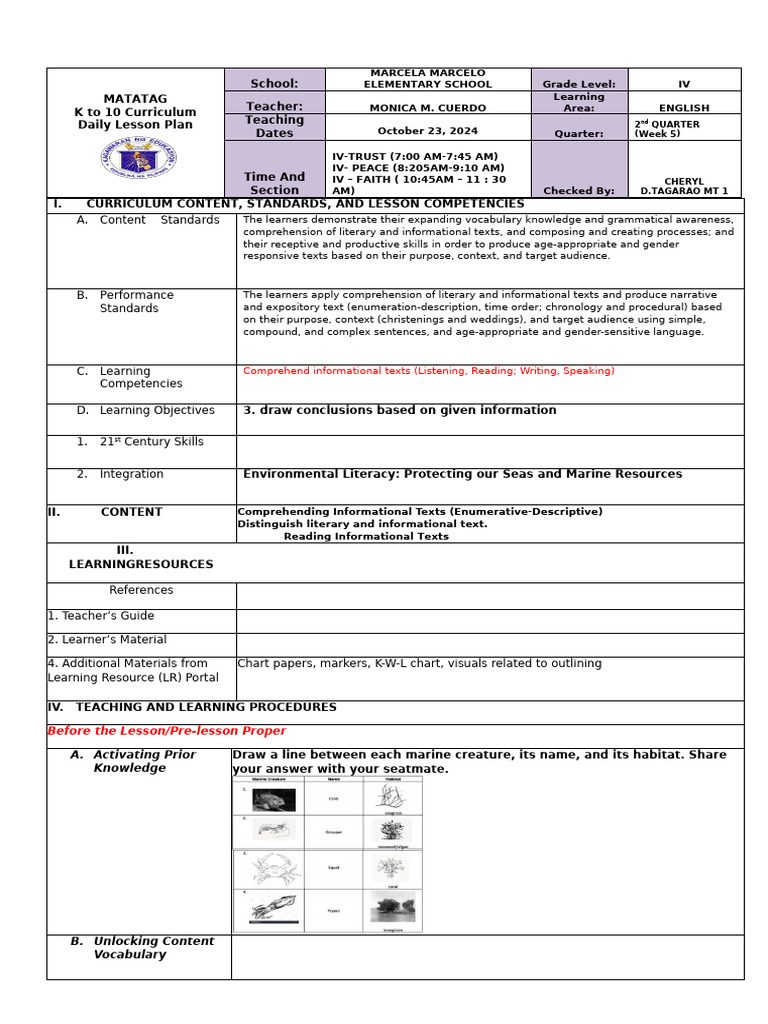 English 5 Q2 Week 5 Lesson Plan | PDF | Reading Comprehension | Learning