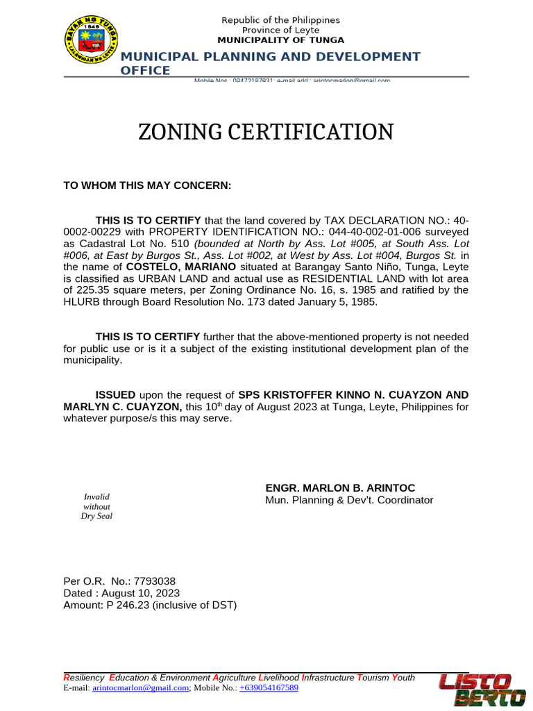 Zoning Certification for Residential Land | PDF