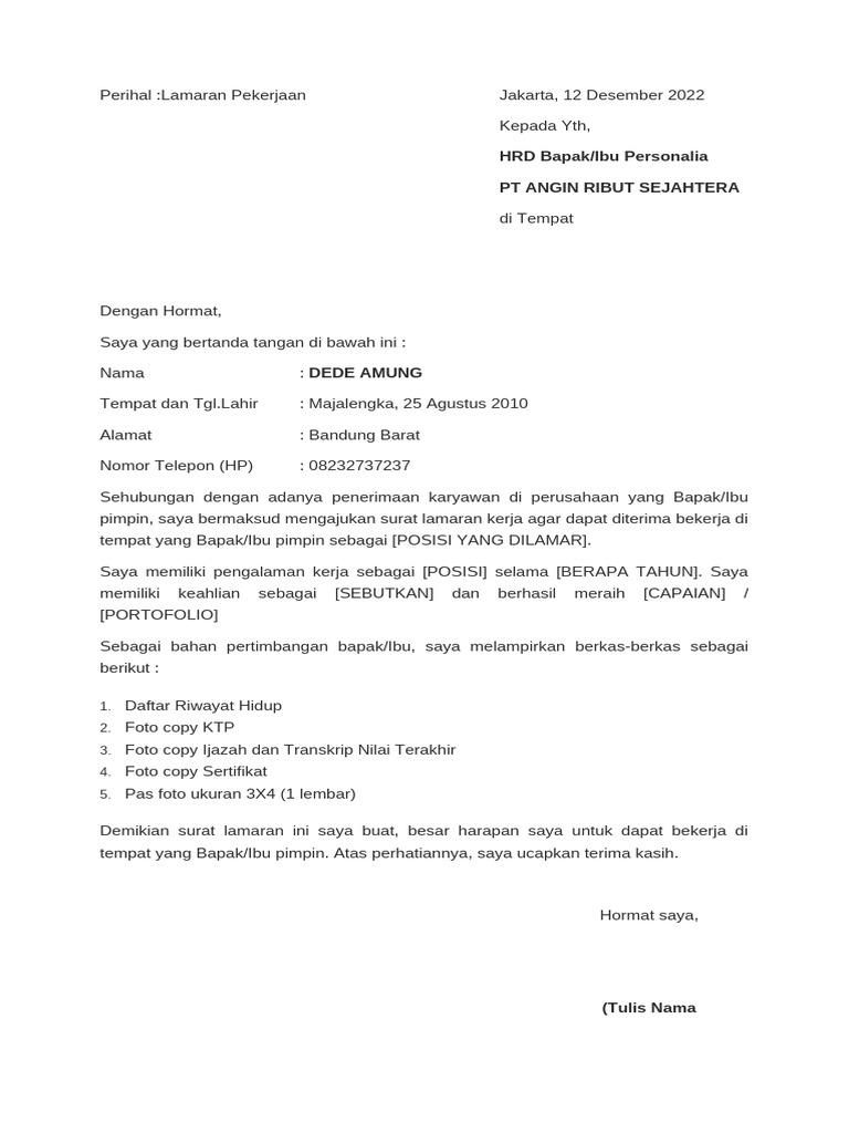 Contoh Surat Lamaran | PDF | Karier & Perkembangan