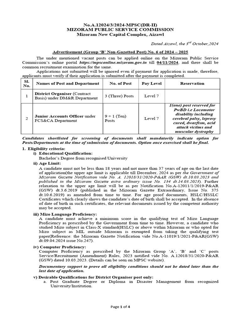 Advt. Group B NG Post No. 6 of 2024 - 25 Combined GR B NG No.2 - District Organiser Contract and ...