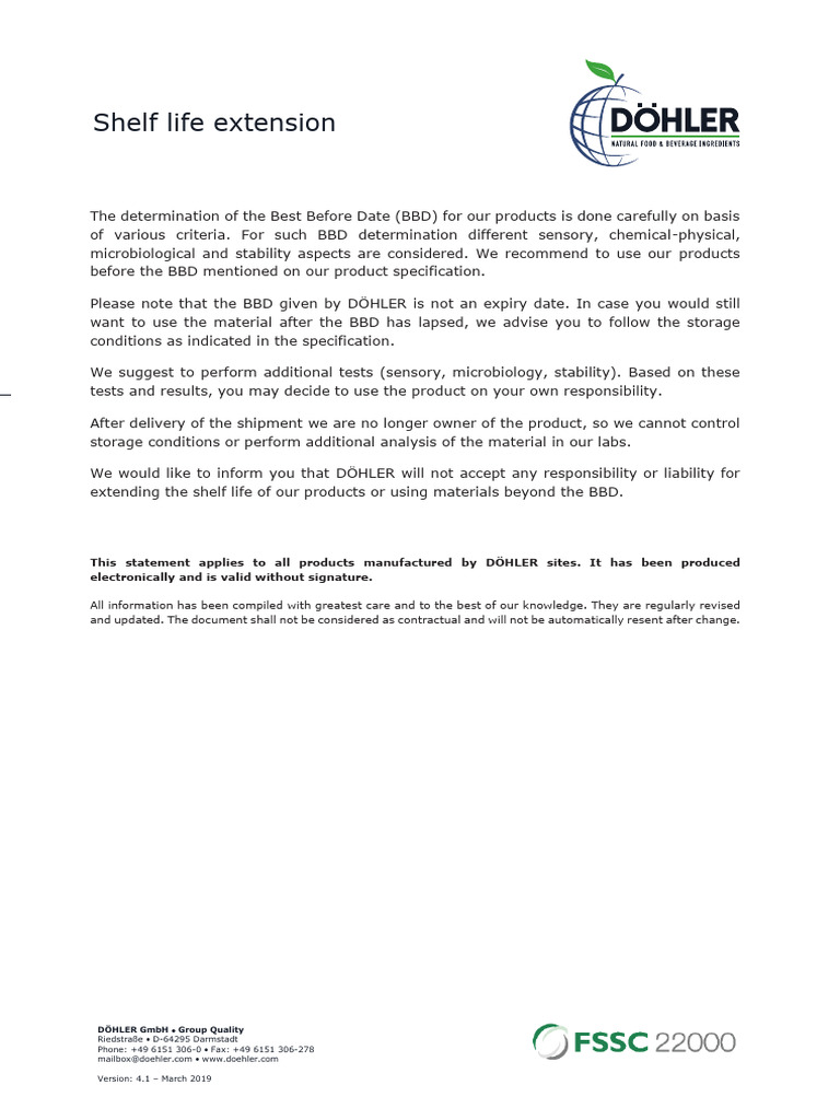 Shelf Life Extension Döhler Statement | PDF | Business | Technology ...