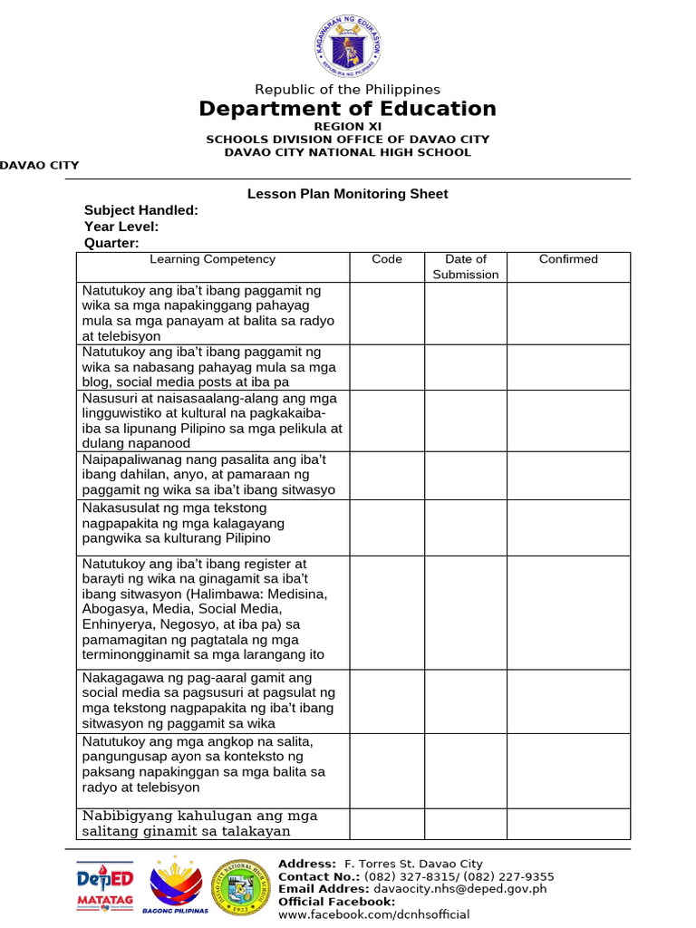 Lesson Plan Monitoring Sheet | PDF