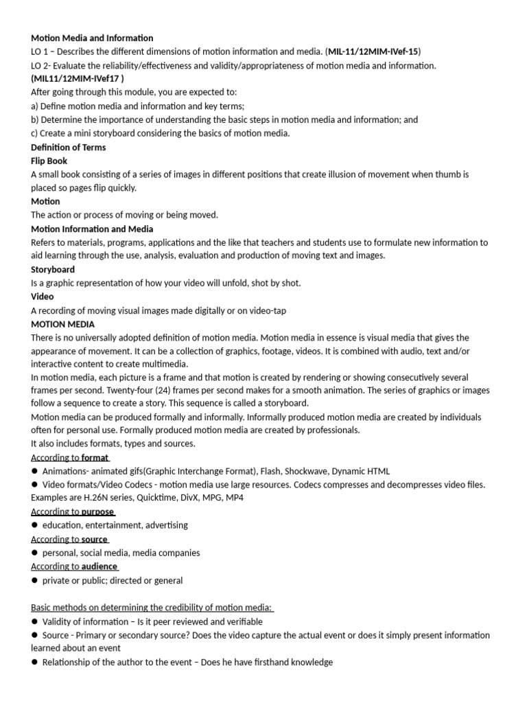 Motion-Media-and-Information-HANDOUTS | PDF | Information | Image