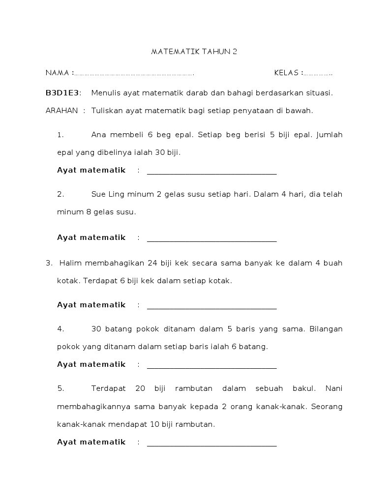 Evidens PBS Matematik Tahun 2 B3D1E3 Ayat Math Darab