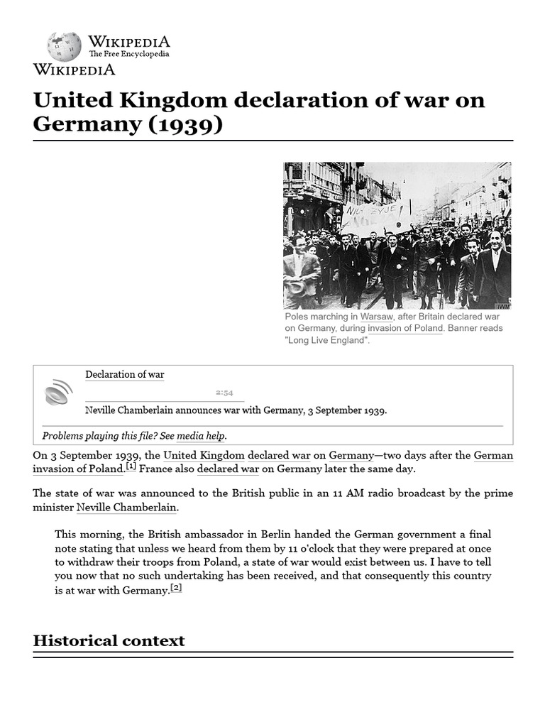 United Kingdom Declaration of War On Germany (1939) - Wikipedia | PDF ...