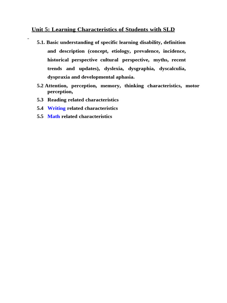 Unit 5 Learning Characteristics of Students With SLD | PDF | Learning Disability | Dyslexia