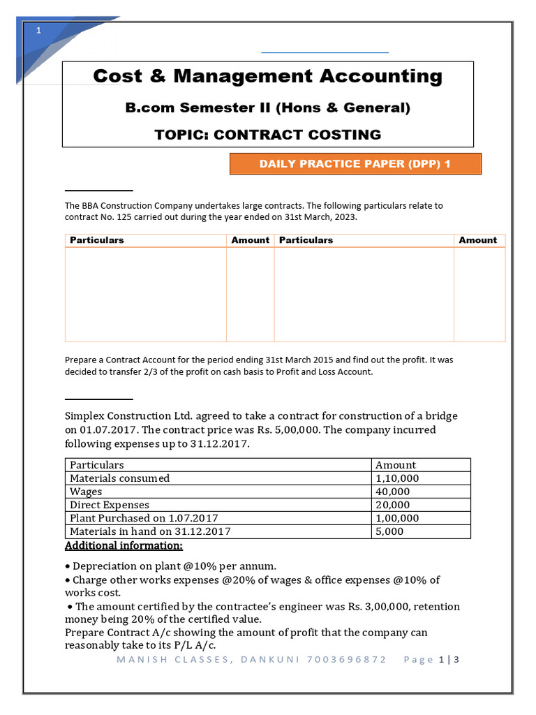 Contract Costing DPP | PDF | Expense | Cost