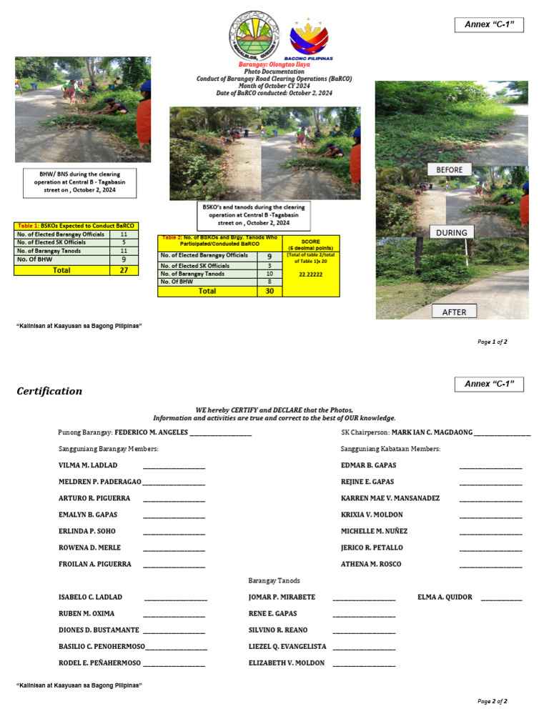 Barangay Road Clearing Operations Report | PDF