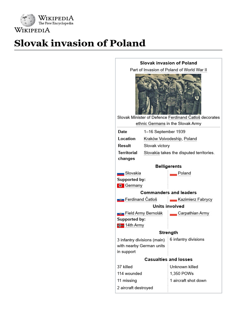Slovak Invasion of Poland - Wikipedia | PDF | Slovakia | Military Operations
