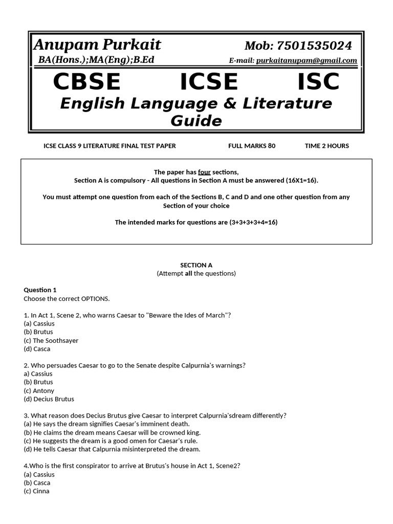 icse 9 final test paper | PDF | Julius Caesar