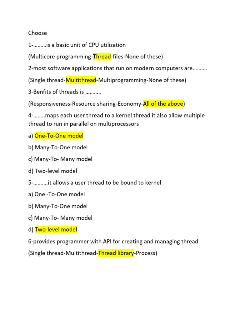 Threading and Multithreading Models Quiz | PDF