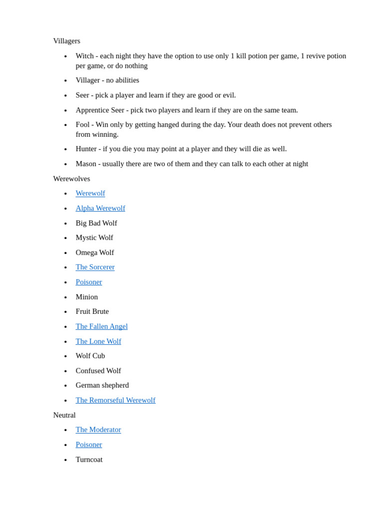 Roles and Abilities of Villagers | PDF