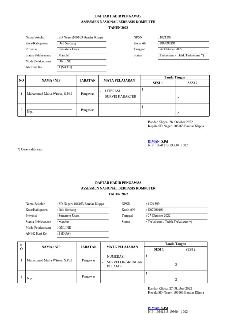 Daftar Hadir Pengawas ANBK | PDF