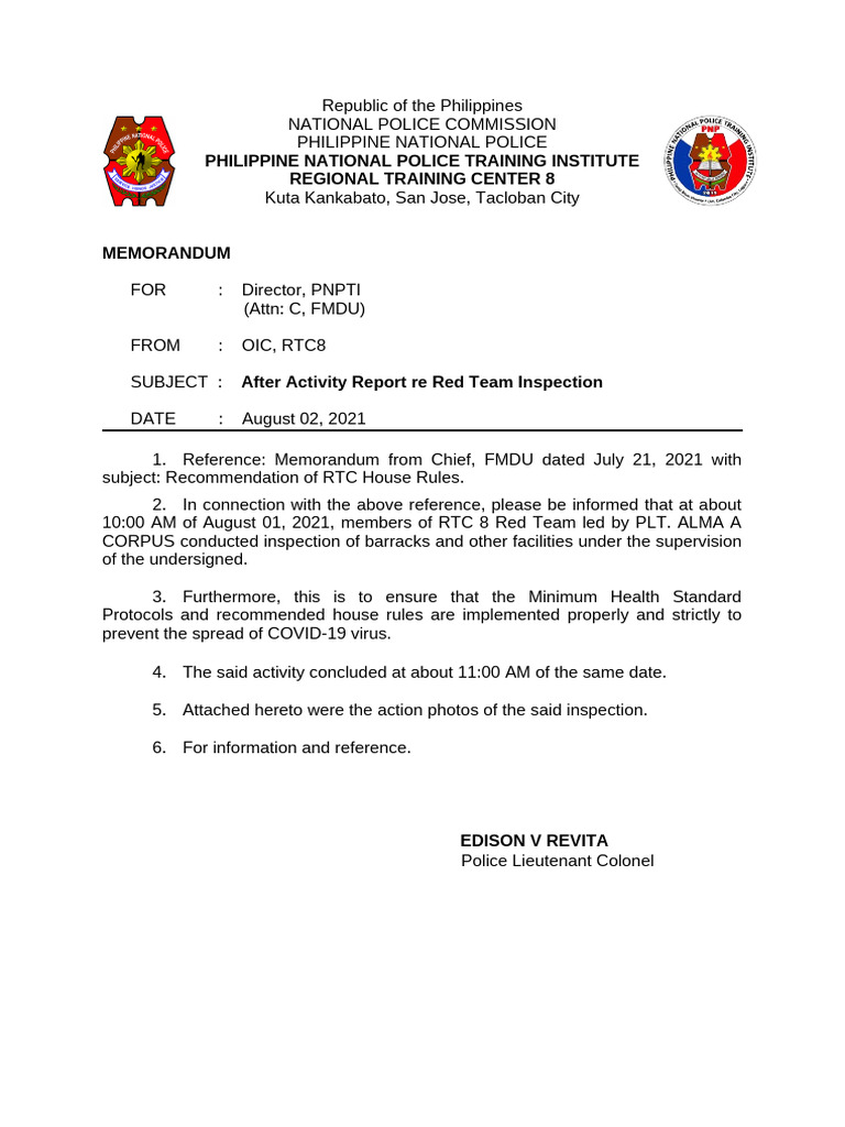 AAR Red Team Inspection August 01 and 02 | PDF