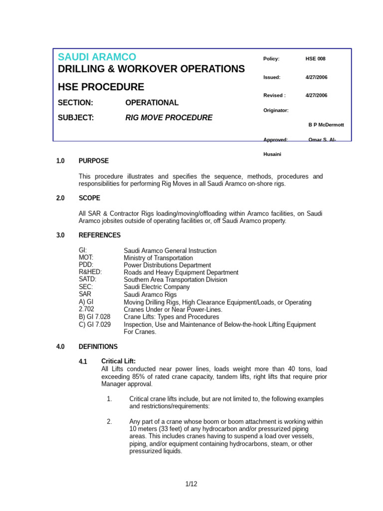 Drilling Amp Workover Operations Hse Procedure Saudi Aramco | PDF ...