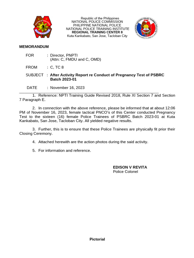 AAR Re Pregnancy Test of PSBRC 2023-01 | PDF