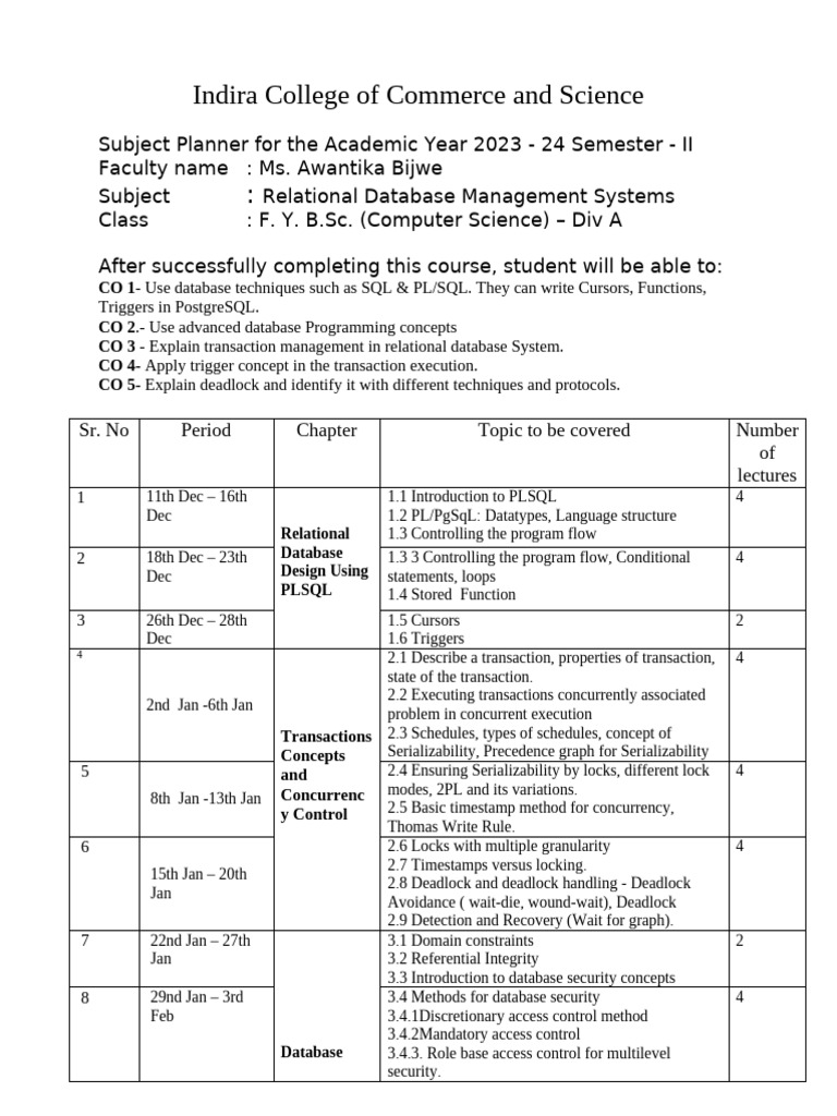 RDBMS - Planner - 2022 - 23 Sem2 | PDF | Pl/Sql | Data Management