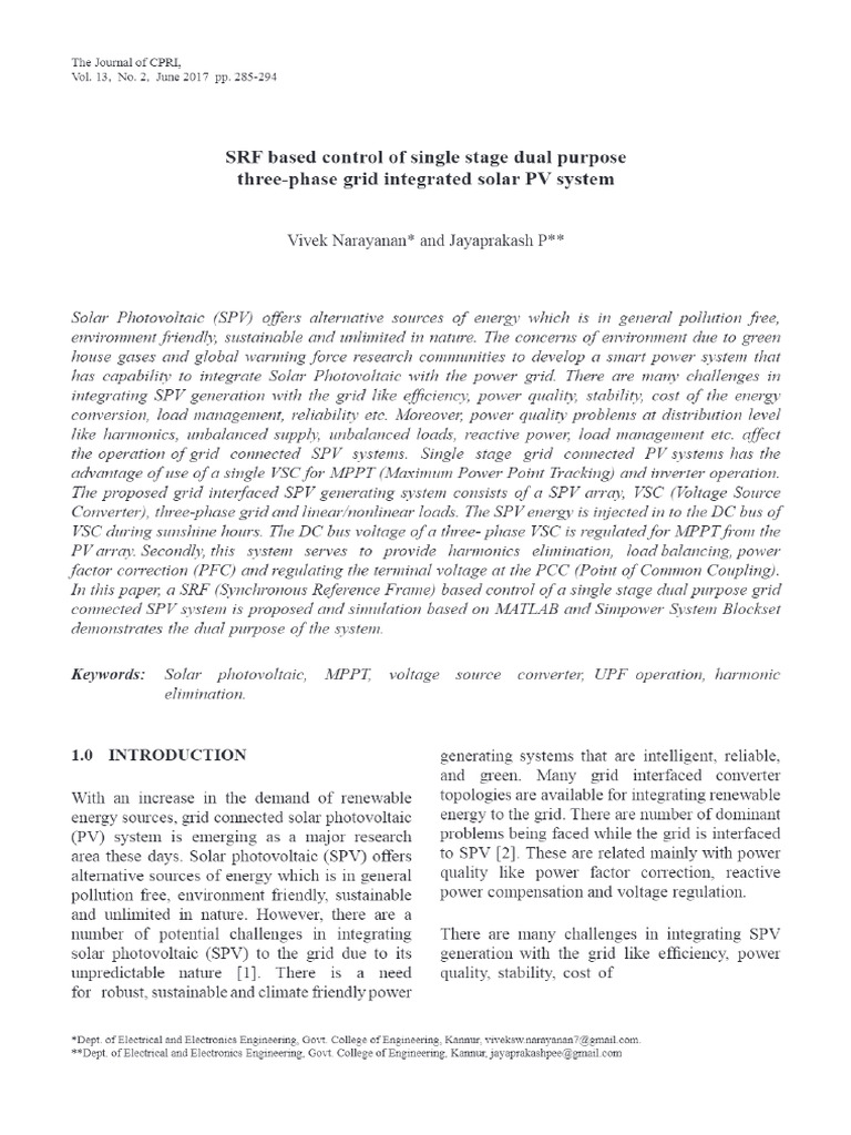 View of SRF Based Control of Single Stage Dual Purpose Three-Phase Grid ...