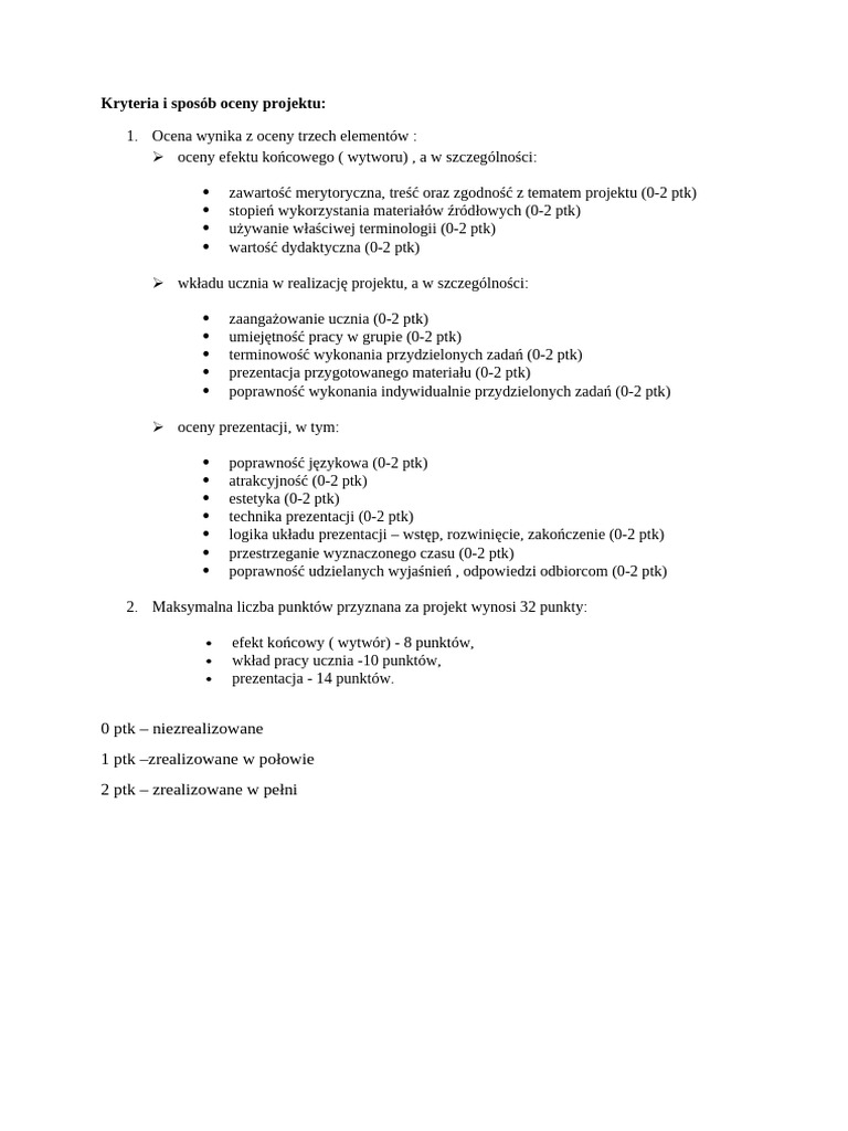 Kryteria Oceny Projektu - Tabele Ocen | PDF