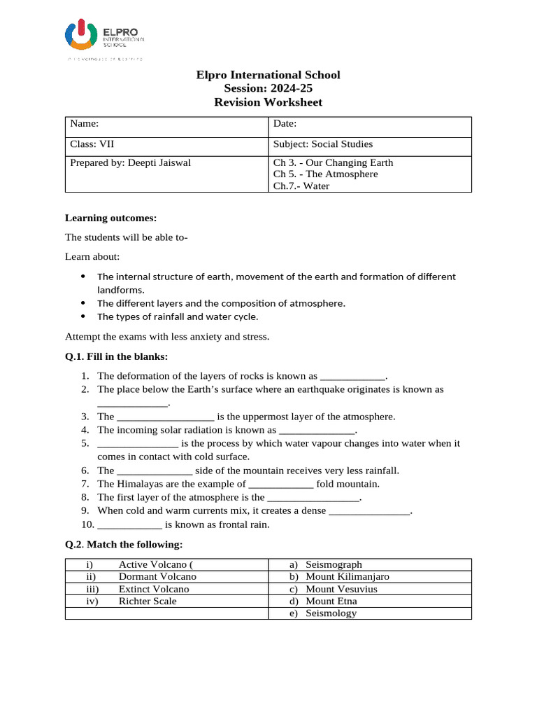 RevisionWS - HYE - VII - Geo - Ch.3 CH 5 and Ch.7 - 2024-25 | PDF ...