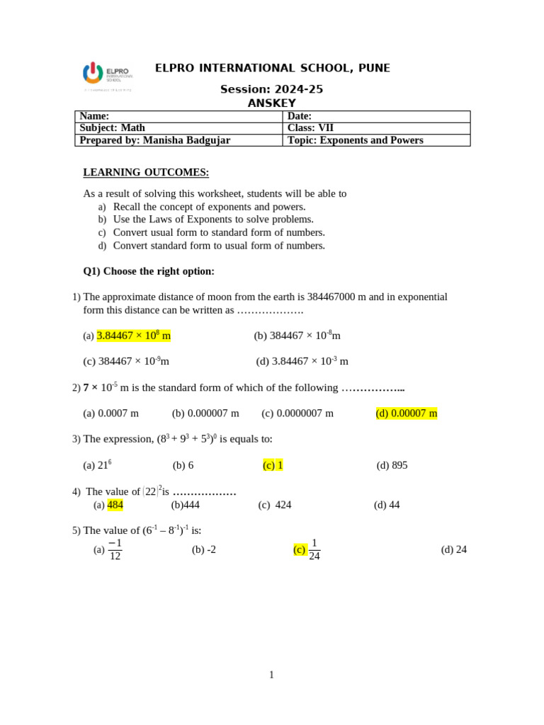 AK - Half Yearly - REV - WS - VII - MATH - Exponents and Powers ...