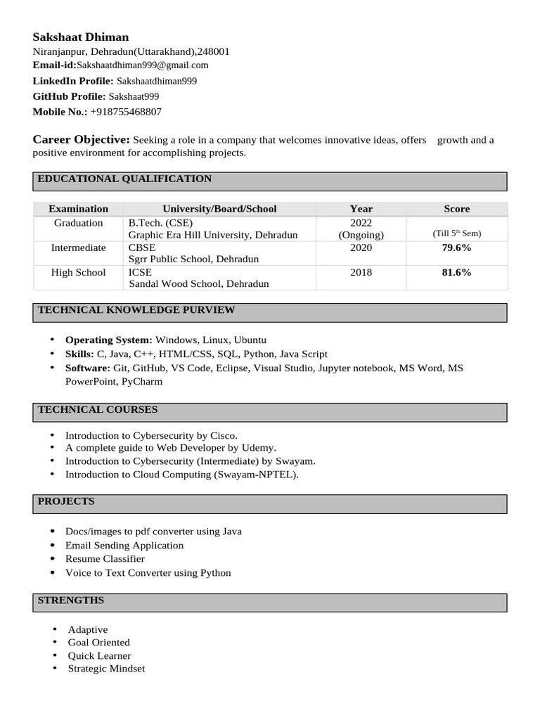 Sakshaat Dhiman's Resume Overview | PDF | Career & Growth | Computers