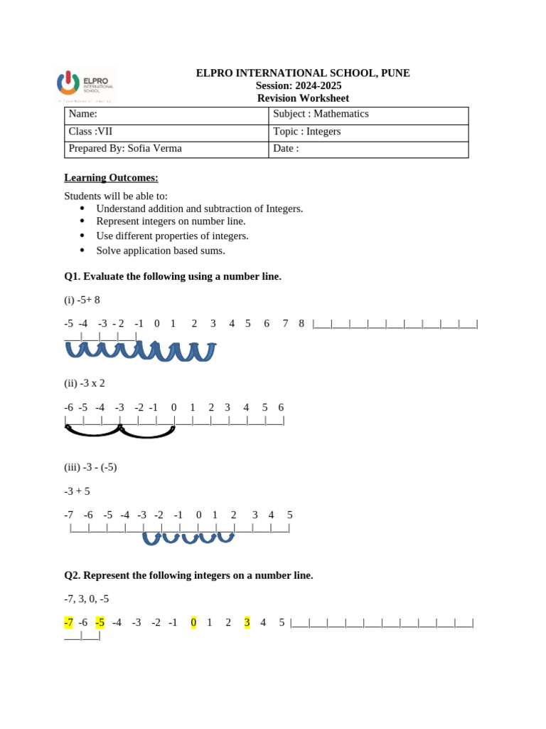 AK_VII_Math_July_Integers_2024-25 | PDF | Mathematics