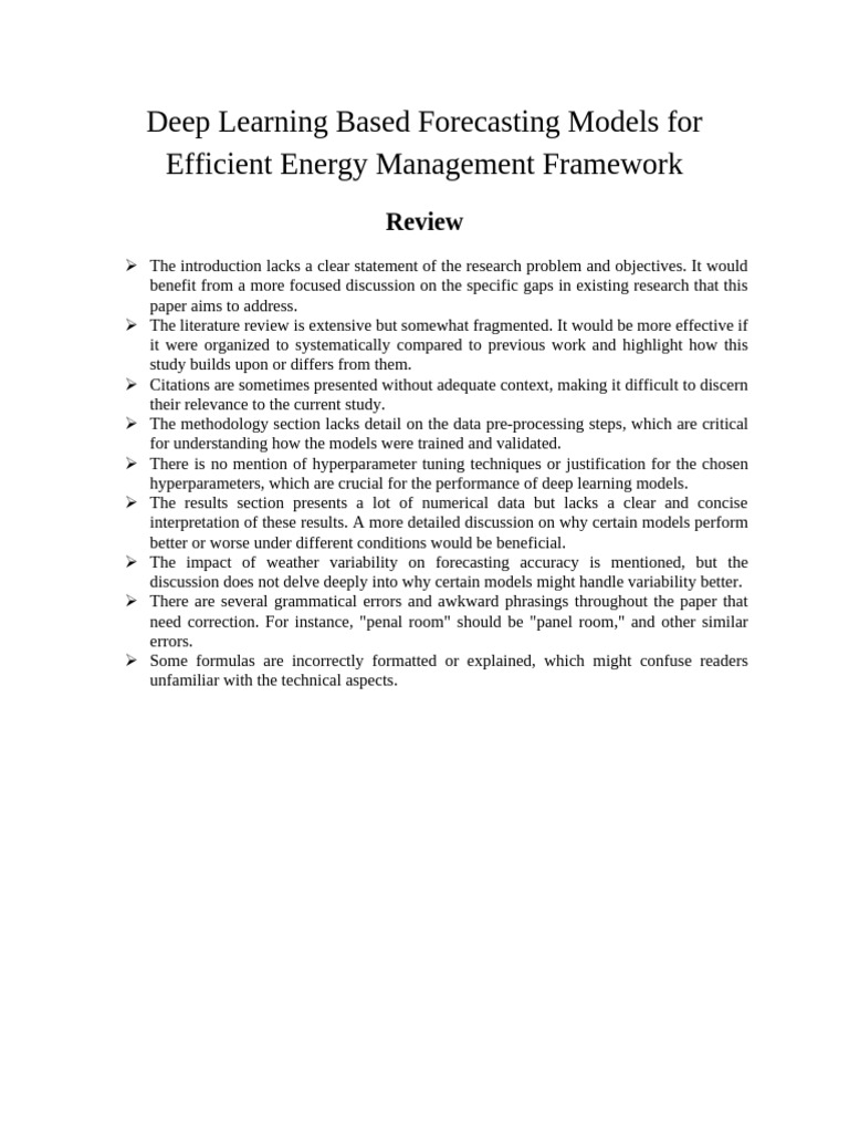 Deep Learning Based Forecasting Models For Efficient Energy Management Framework Review | PDF