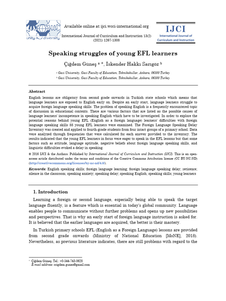 Speaking Struggles of Young EFL Learners: Çiğdem Güneş, İskender Hakkı ...