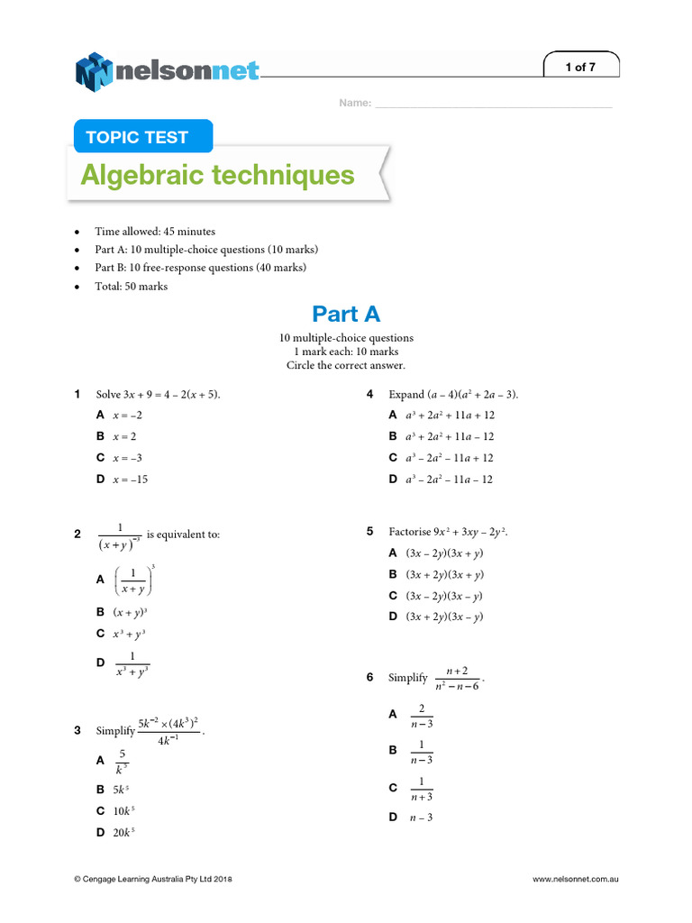 Year 11 topic test - MIF - 1_Algebraic Techniques | PDF | Mathematics ...