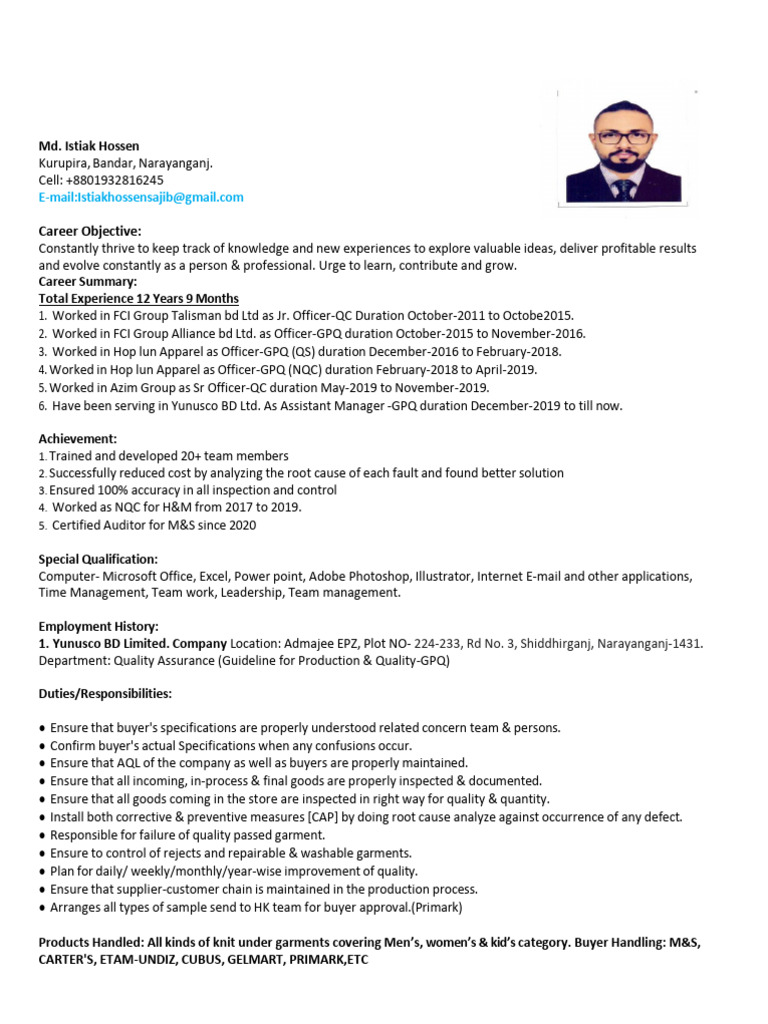Istiak Hossen CV.. | PDF | Audit | Quality Assurance
