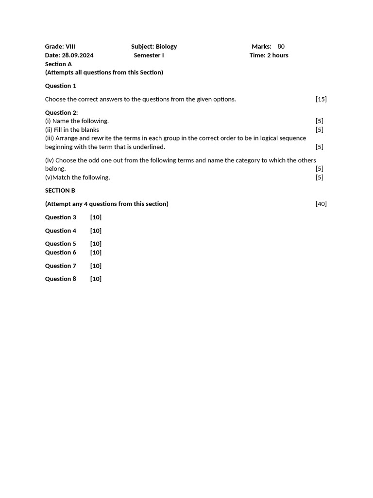 Grade VIII Biology Exam Paper 2024 | PDF