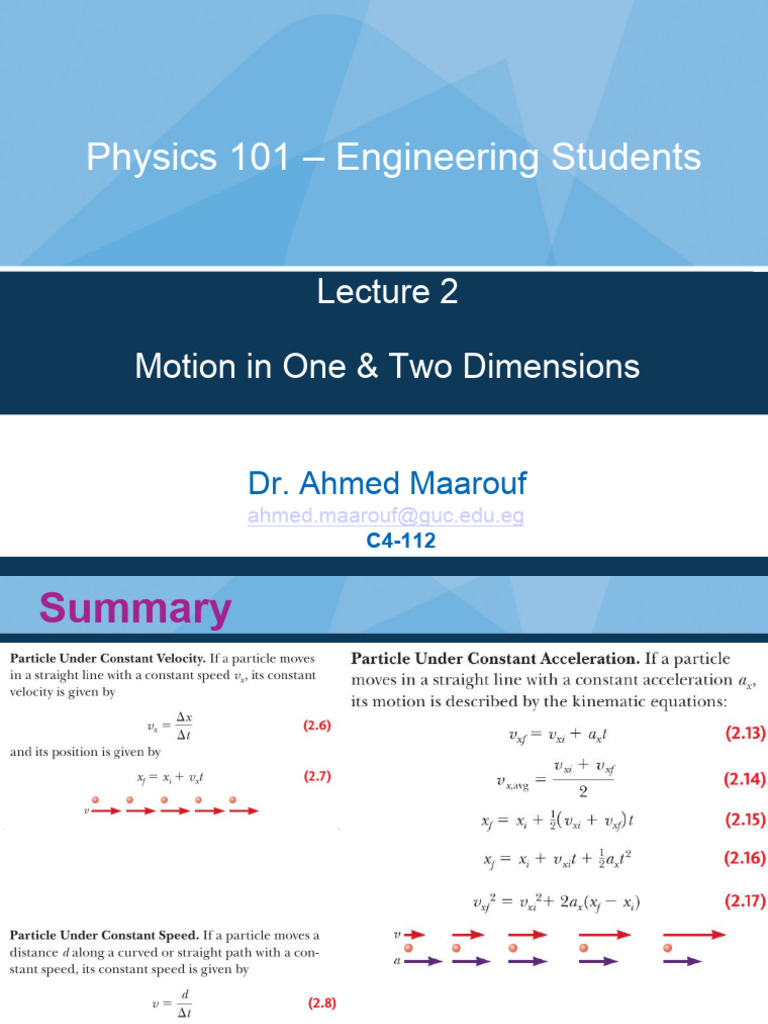 Chapter 2 & 4 - Motion in 1 and 2 dimensions (Lecture slides) | PDF | Velocity | Acceleration