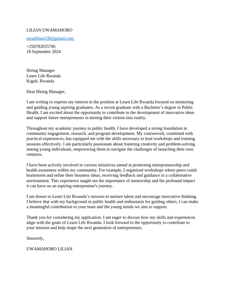 LILIAN UWAMAHORO Cover Letter | PDF