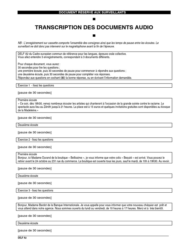 DELF A2 Transcription Sujet 4 | PDF