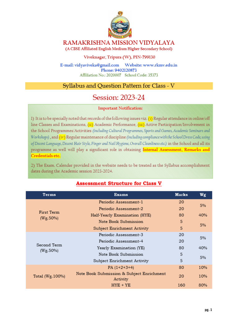 Class-5-Compiled-syllabus-and-QP-2023-24 | PDF | English Grammar | English Language
