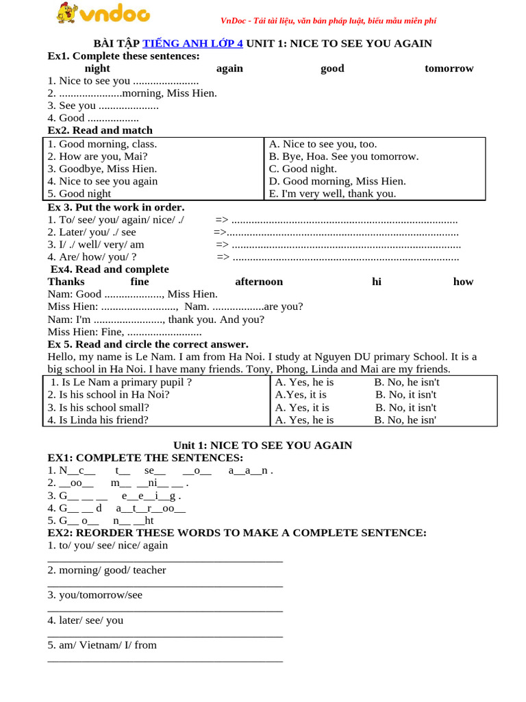 Bai Tap Tieng Anh Lop 4 Chuong Trinh Moi Theo Tung Unit | PDF | Vietnam