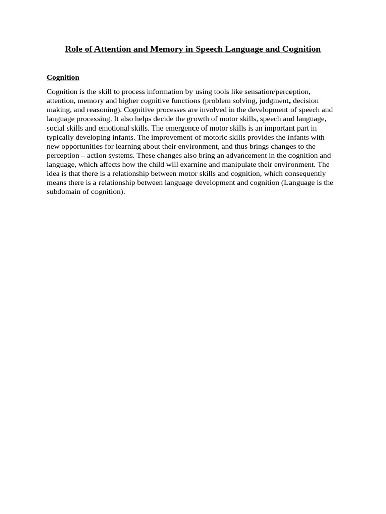 Role Of Attention And Memory In Speech Language And Cognition Pdf